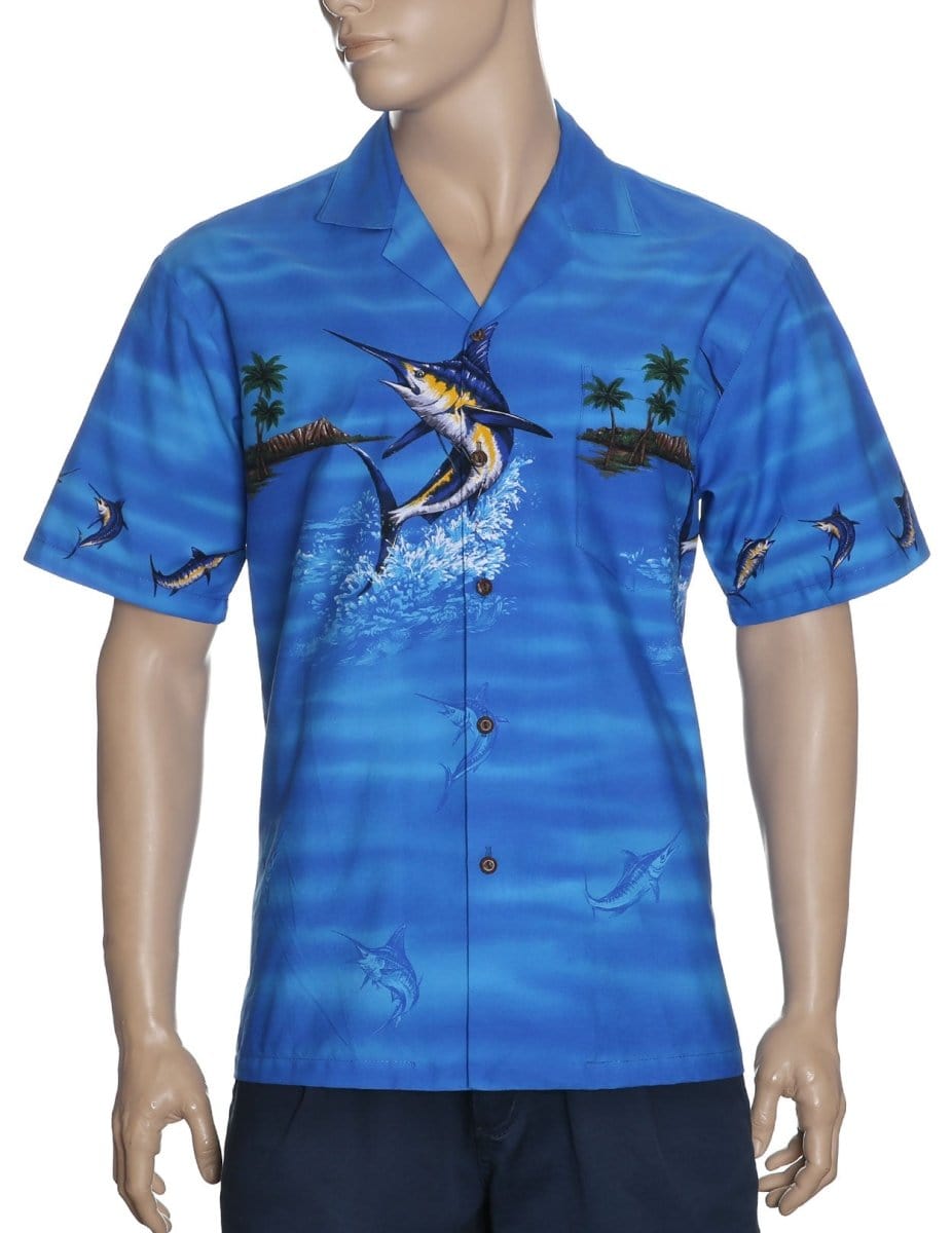 Hawaiian Border Shirt Fish Tales Jumping Marlin – Shaka Time Hawaii