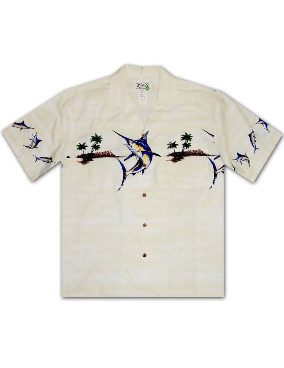 Hawaiian Border Shirt Fish Tales Jumping Marlin – Shaka Time Hawaii